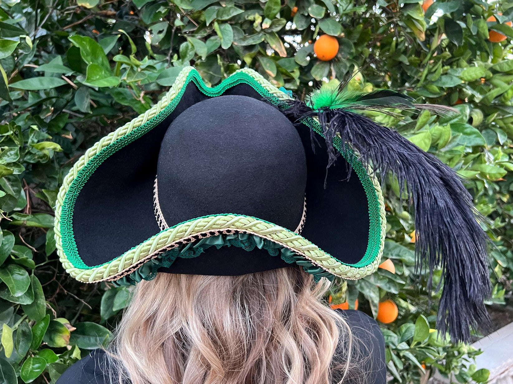 Tricorn Hat 22" Black Wool Base with Emerald Green Trim, Feathers, and ...