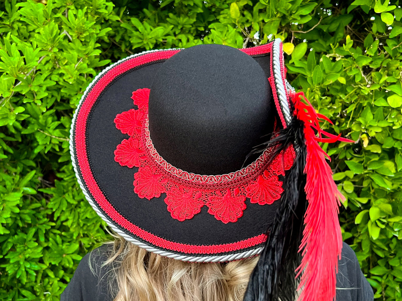 Cavalier Hat 22" Black Polyester Base with Red Trim, Feathers, and Bro ...