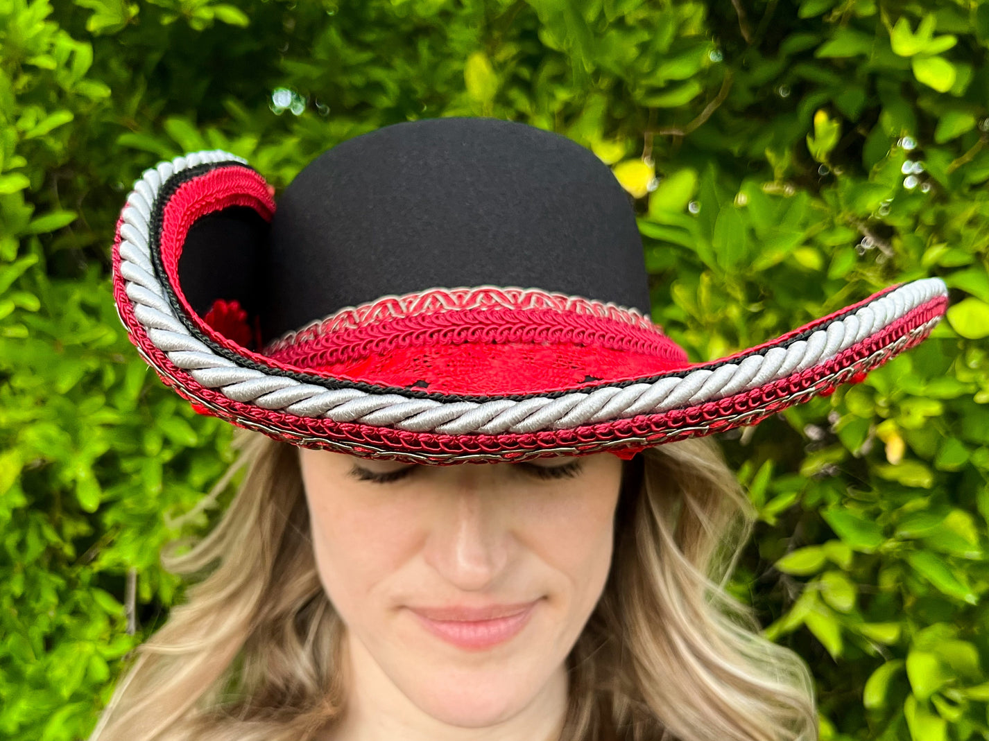 Cavalier Hat 22" Black Polyester Base with Red Trim, Feathers, and Bro ...